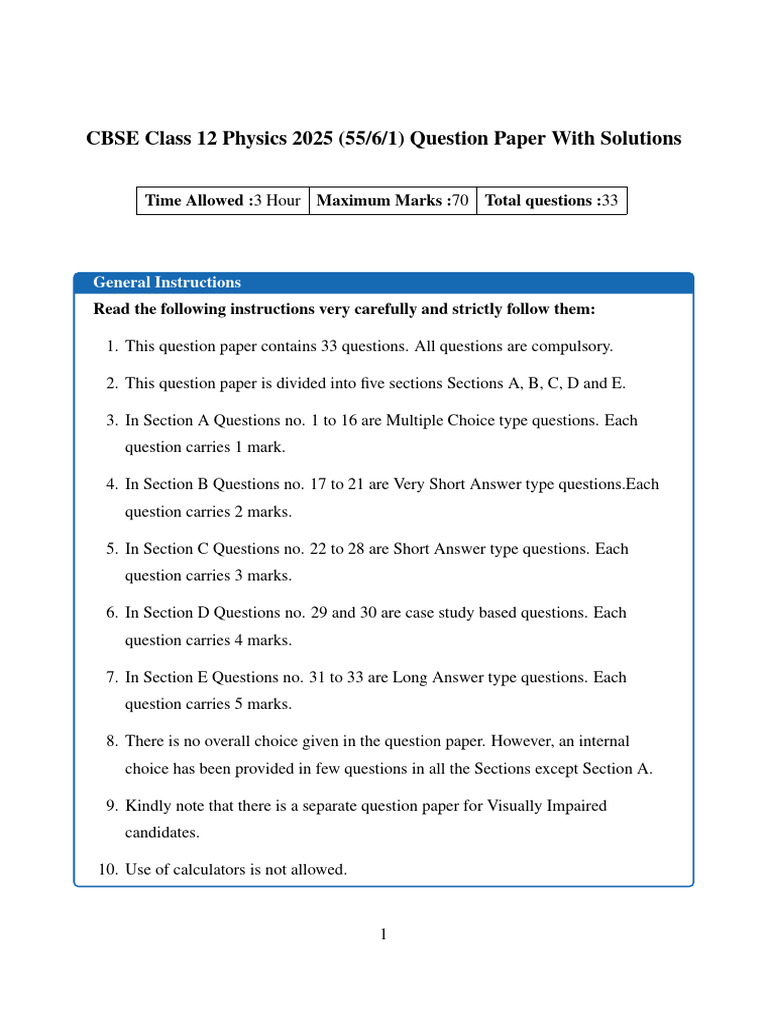 CBSE Class 12 Physics 2025 Question Paper | PDF | Semiconductors ...