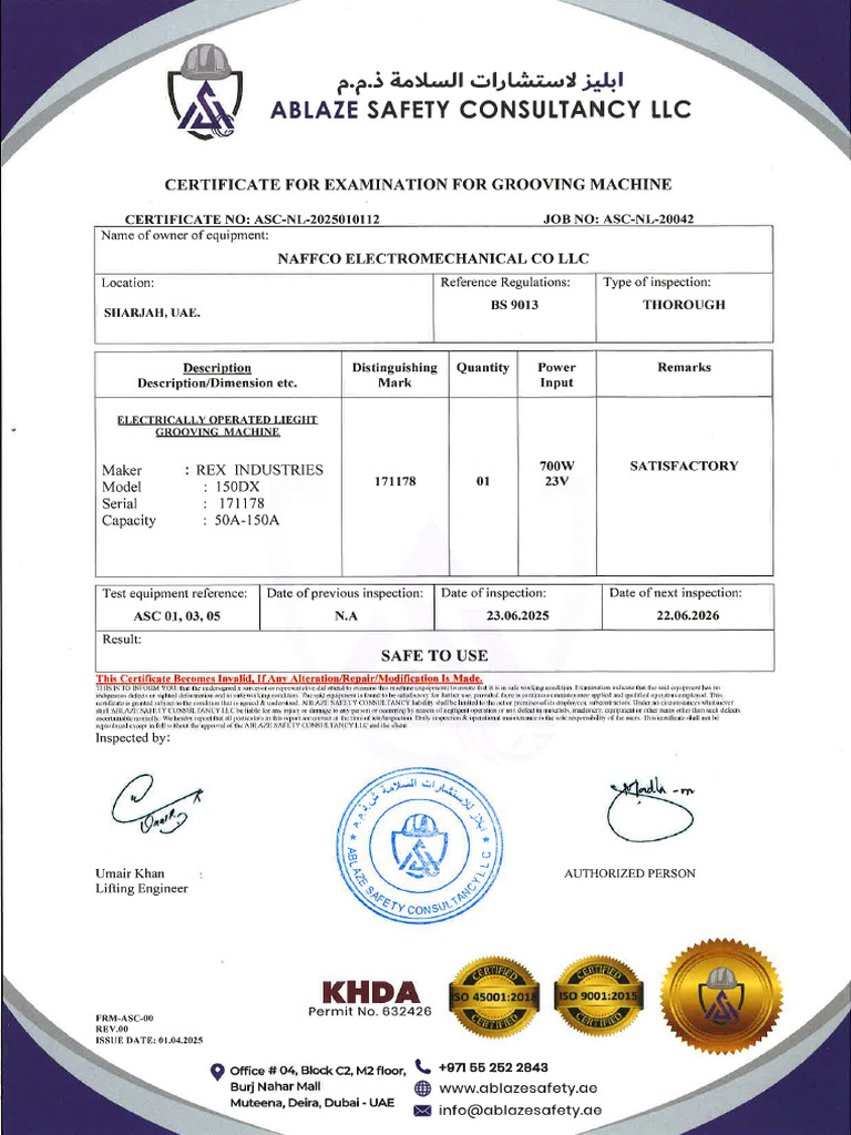 Grooving Machine Certificate | PDF
