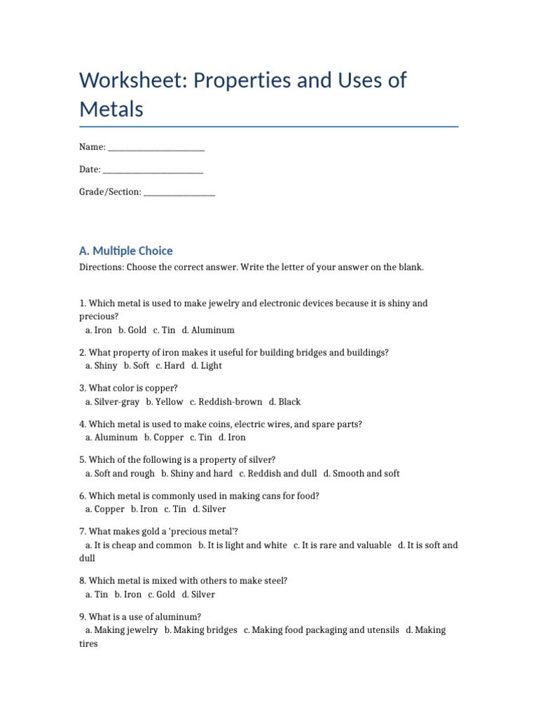 Metals: Properties and Uses Worksheet | PDF