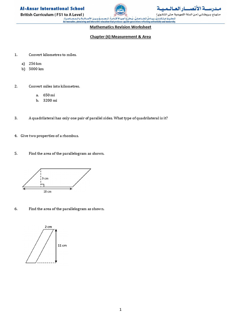 Mathematics Measurement & Area Worksheet | PDF | Area | Euclidean Geometry