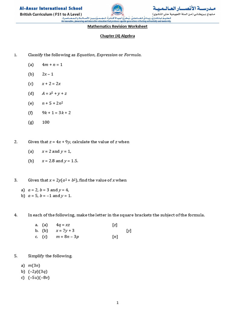 Algebra Revision Worksheet | PDF | Equations | Algebra
