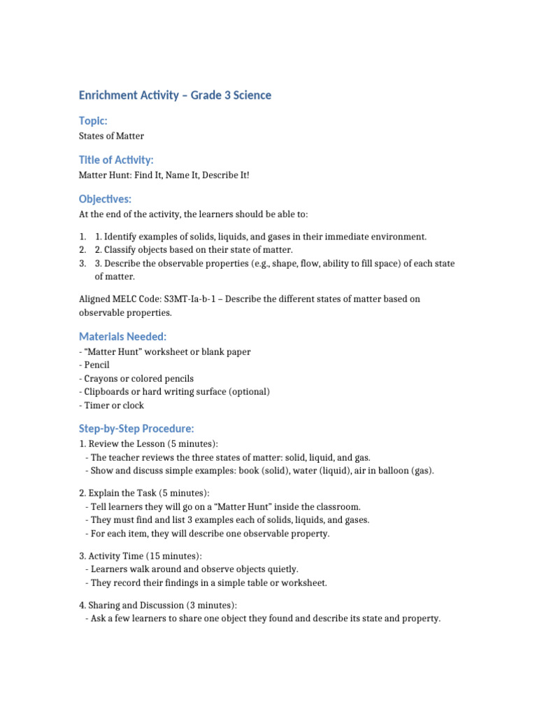 Matter Hunt Activity for Grade 3 | PDF