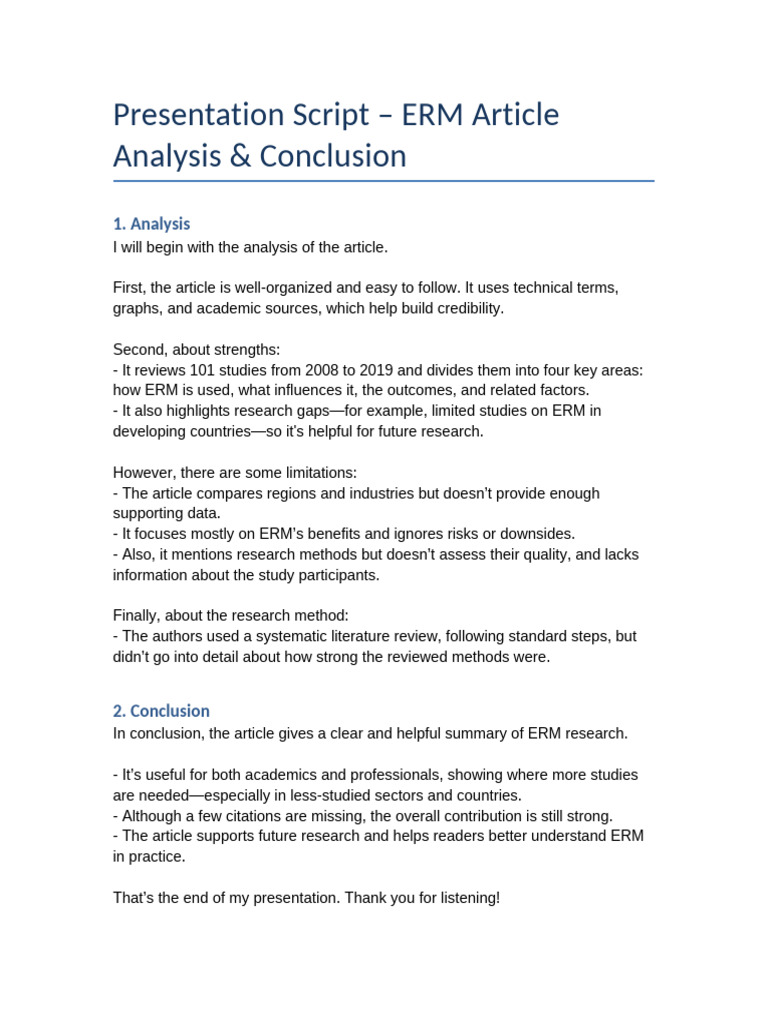 ERM Presentation Script | PDF