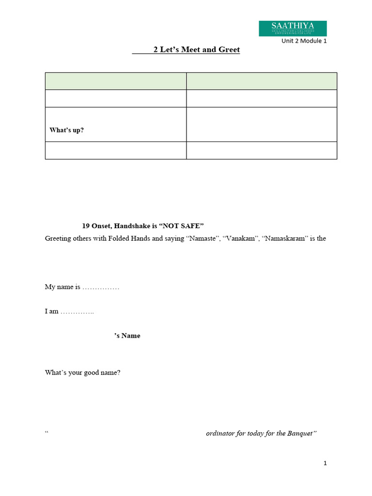 U2M1 - Let's Meet and Greet - Handout | PDF | Hand | Nonverbal ...