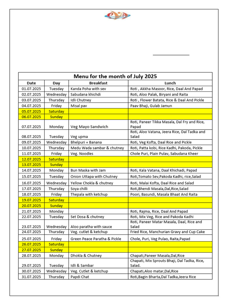 EWSD 150 2025-26 Eva Lakeshore Menu For The Month of July | PDF ...