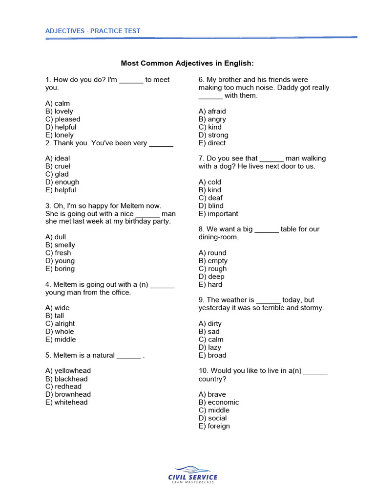 Adjectives - Practice Test | PDF