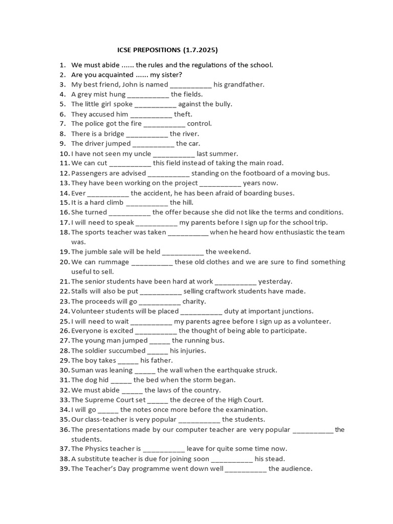 ICSE Prepositions Worksheet for Class 10 | PDF