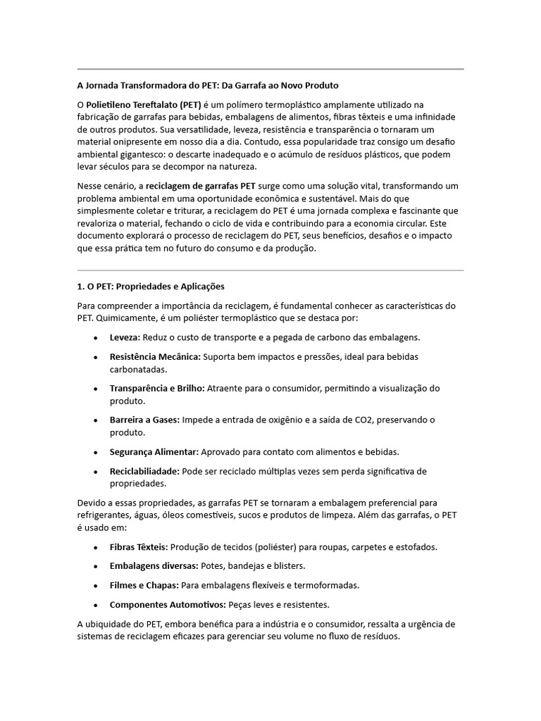 A Jornada Transformadora Do PET | PDF | Reciclagem | Desperdício