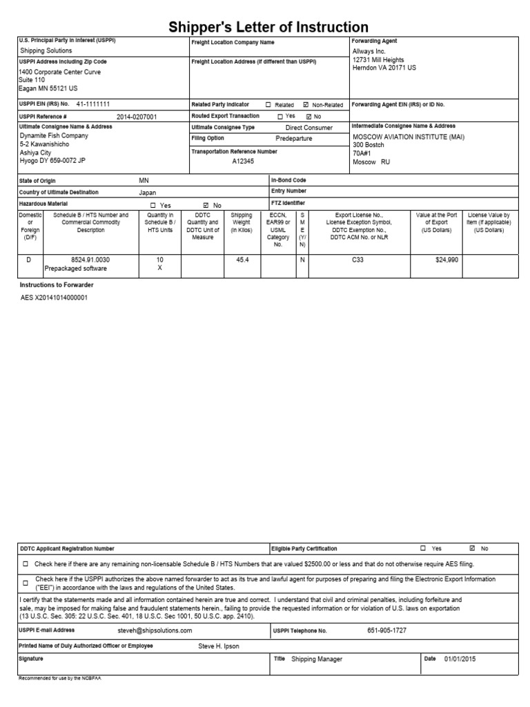 Shipper's Letter of Instruction Template | PDF
