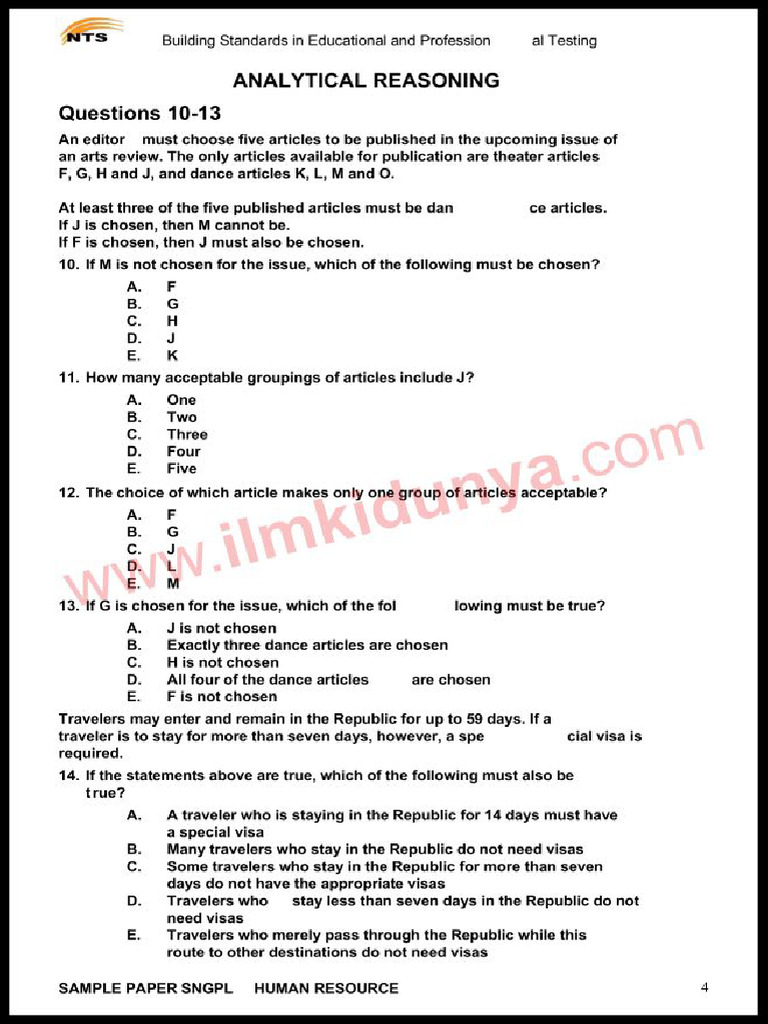 NTS Sample Past Papers Human Resource Department Analytical Reasoning | PDF