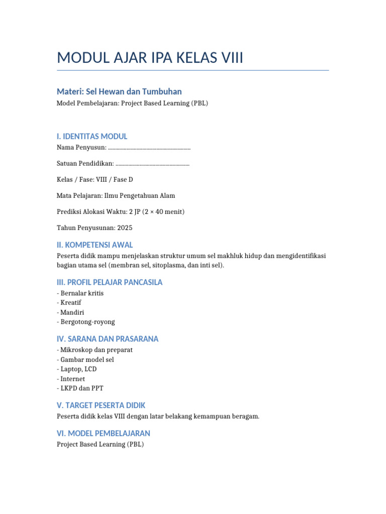 Modul Ajar Lengkap IPA Kelas8 Sel | PDF