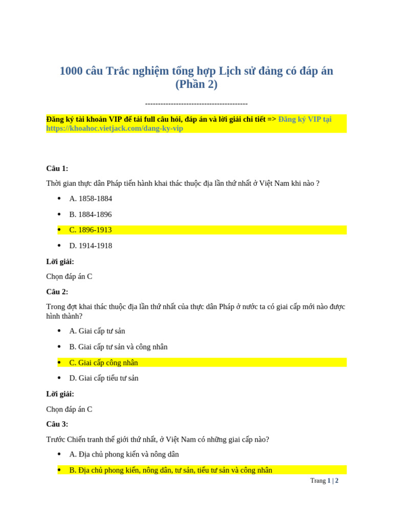 1000 Cau Trac Nghiem Tong Hop Lich Su Dang Co Dap An Phan 2 2025-06-22 | PDF