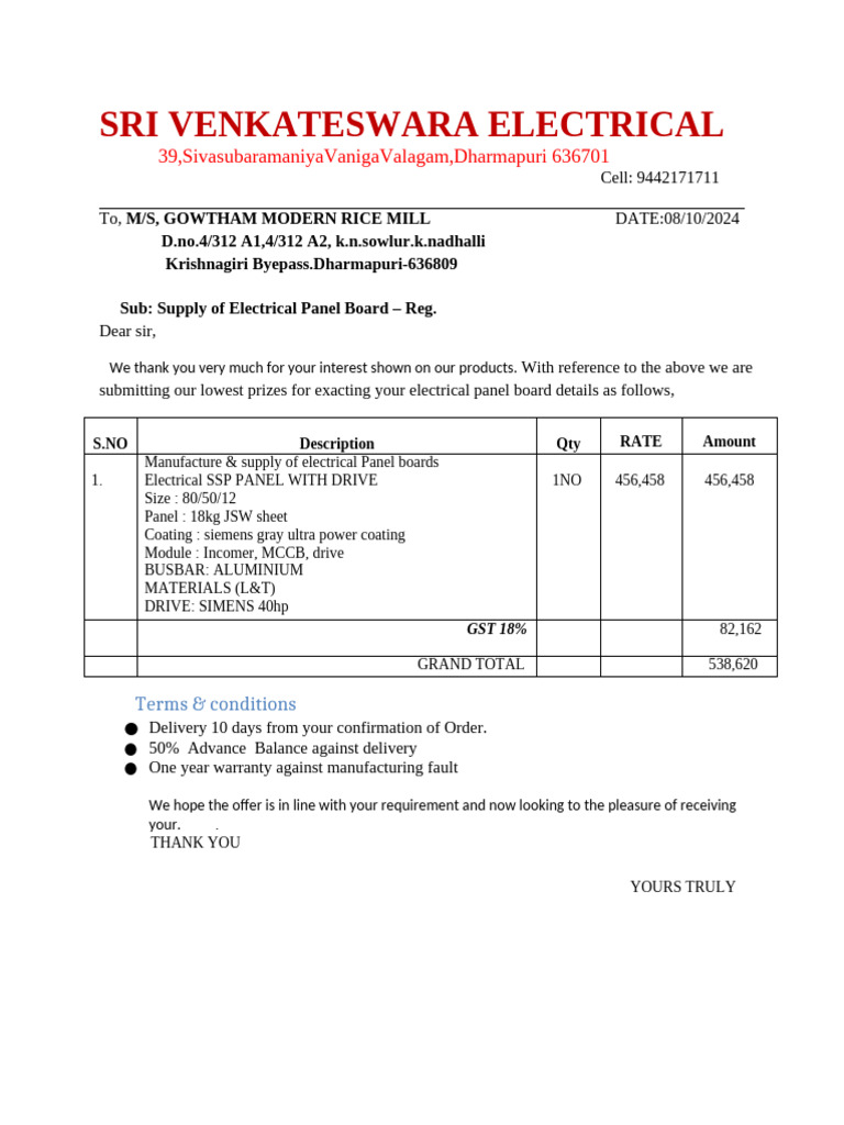 Electrical Panel Board Quotation | PDF