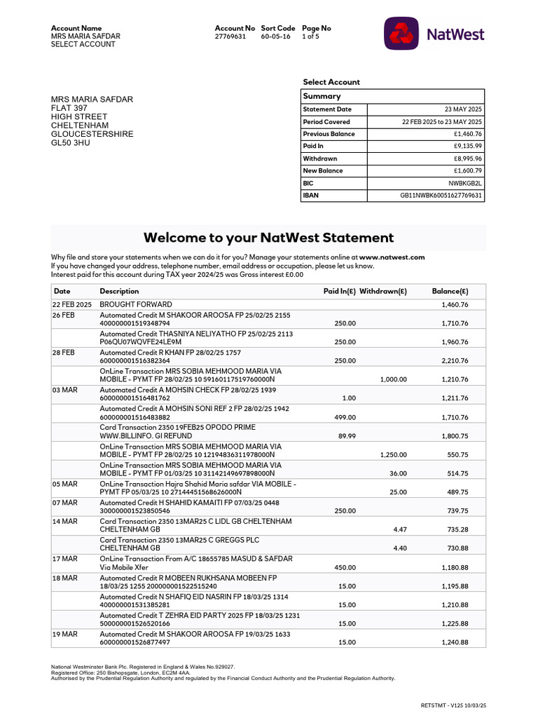 Statement 600516 27769631 23 May 2025 | PDF | Overdraft | Banking