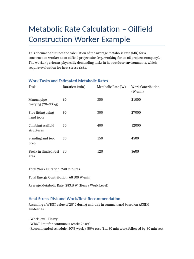 Oilfield Construction Worker Metabolic Rate | PDF