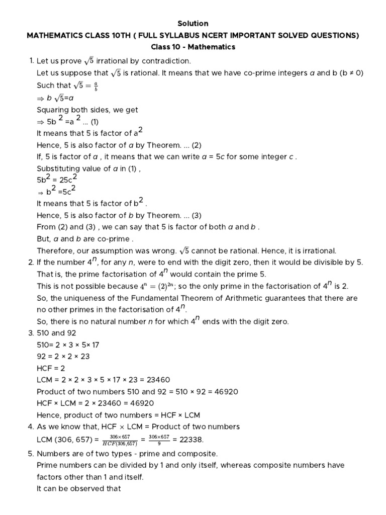 Maths Ncert Important Questions Solutions | PDF | Factorization ...