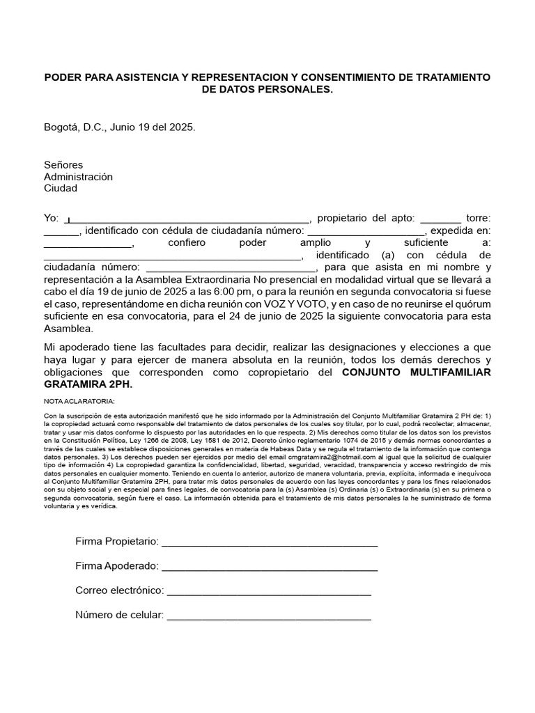 Formato Poder Asamblea Extraordinaria | PDF | Condominio | Justicia