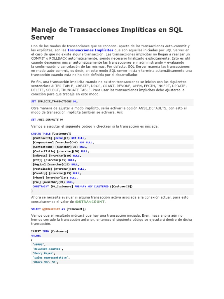 Manejo de Transacciones Implíticas en SQL Server | PDF | Servidor SQL ...