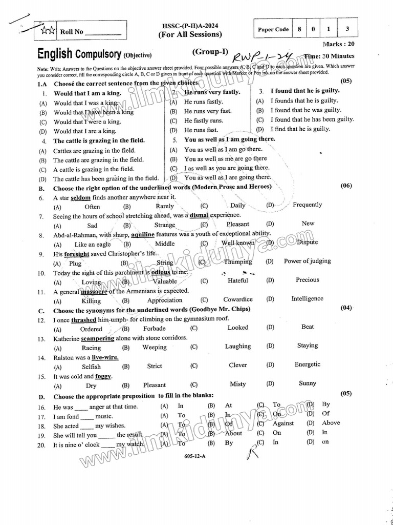 Past Paper 2024 Rawalpindi Board Class 12th English Group I Objective | PDF