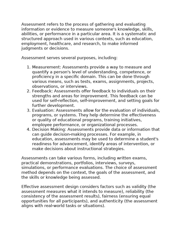 Assessment Refers To The Process of Gathering and Evaluating Information or Evidence To Measure ...
