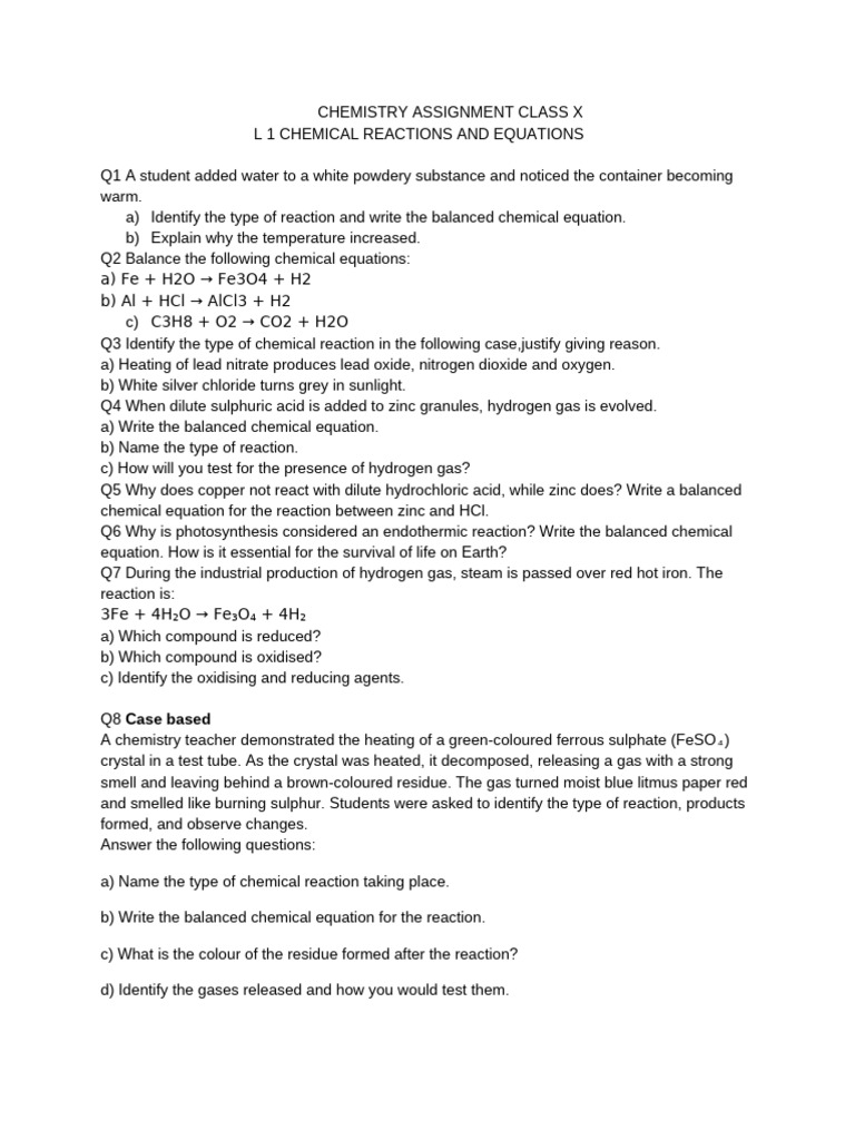 Chemistry Assignment Class X | PDF