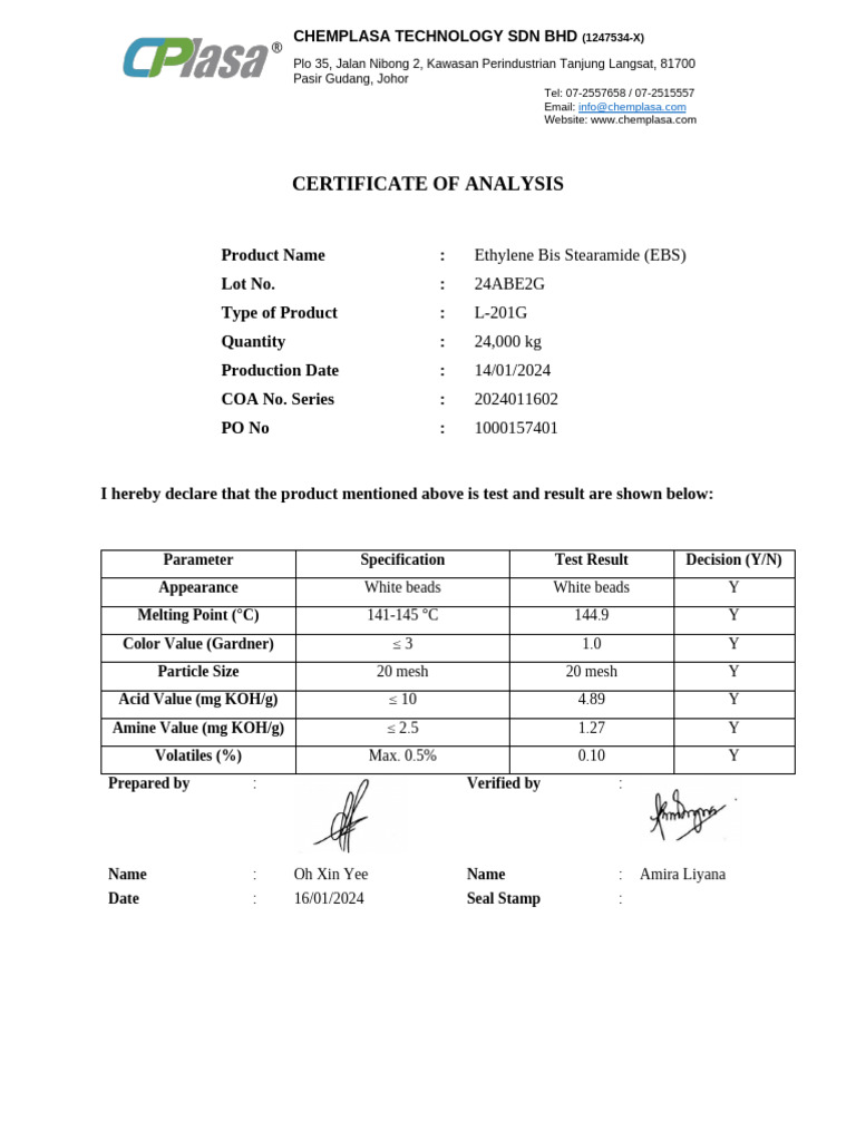 Sample Certificate of Analysis for EBS | PDF