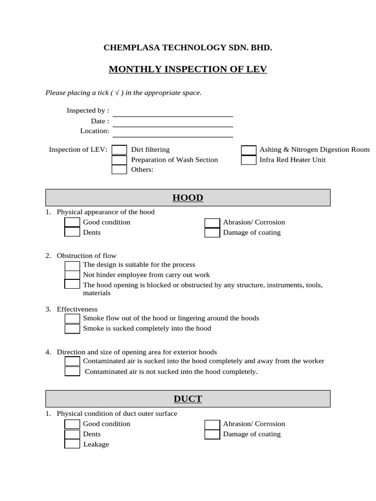 LEV Monthly Inspection Checklist | PDF