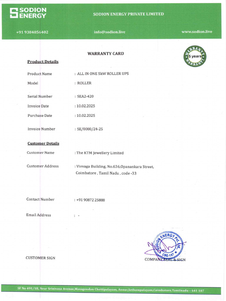 Warranty Card - Invoice Se-0080!24!25 | PDF