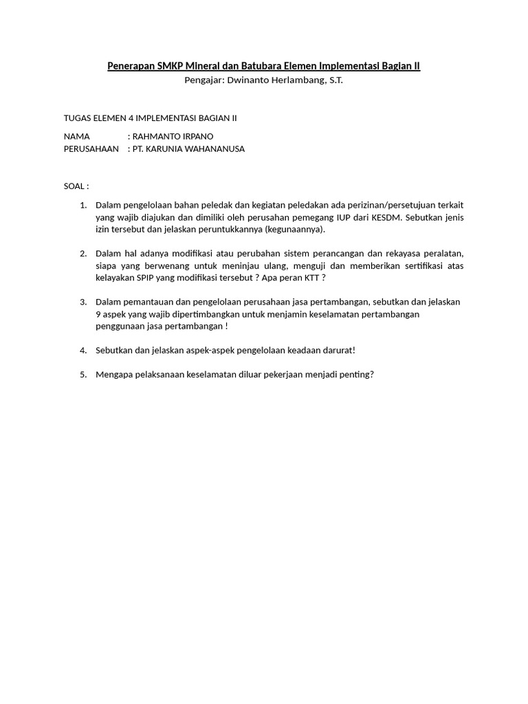 Tugas Elemen 4 Implementasi Bagian II Rahmanto Irpano | PDF