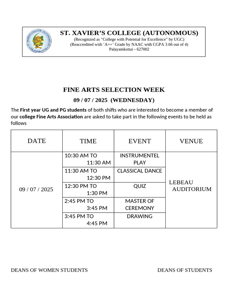 Fine Arts Selection Week Events 2025 | PDF
