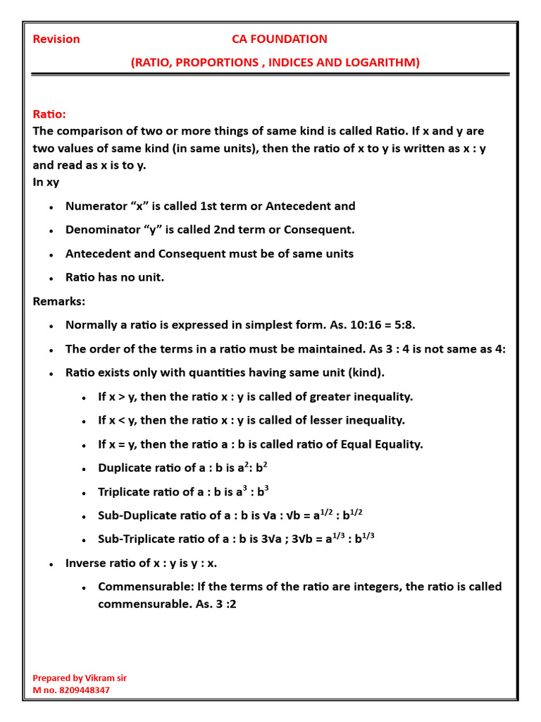 CA Foundation: Ratios and Proportions Guide | PDF | Ratio | Elementary ...