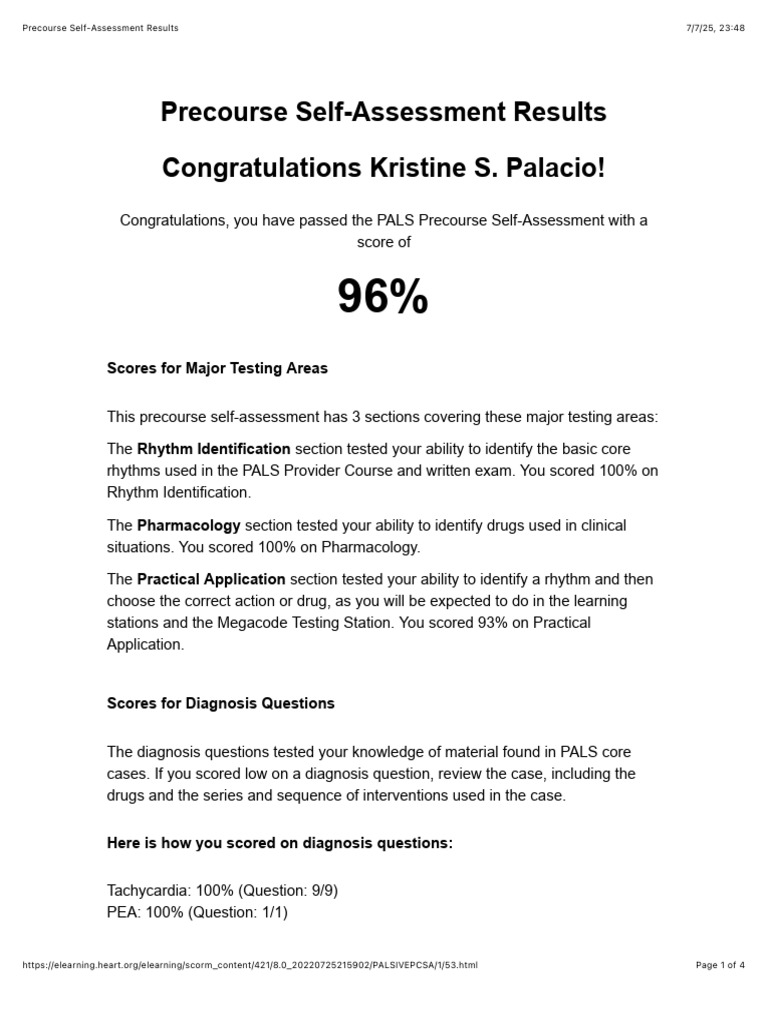 Precourse Self-Assessment Results | PDF | Cardiopulmonary Resuscitation | Medical Specialties