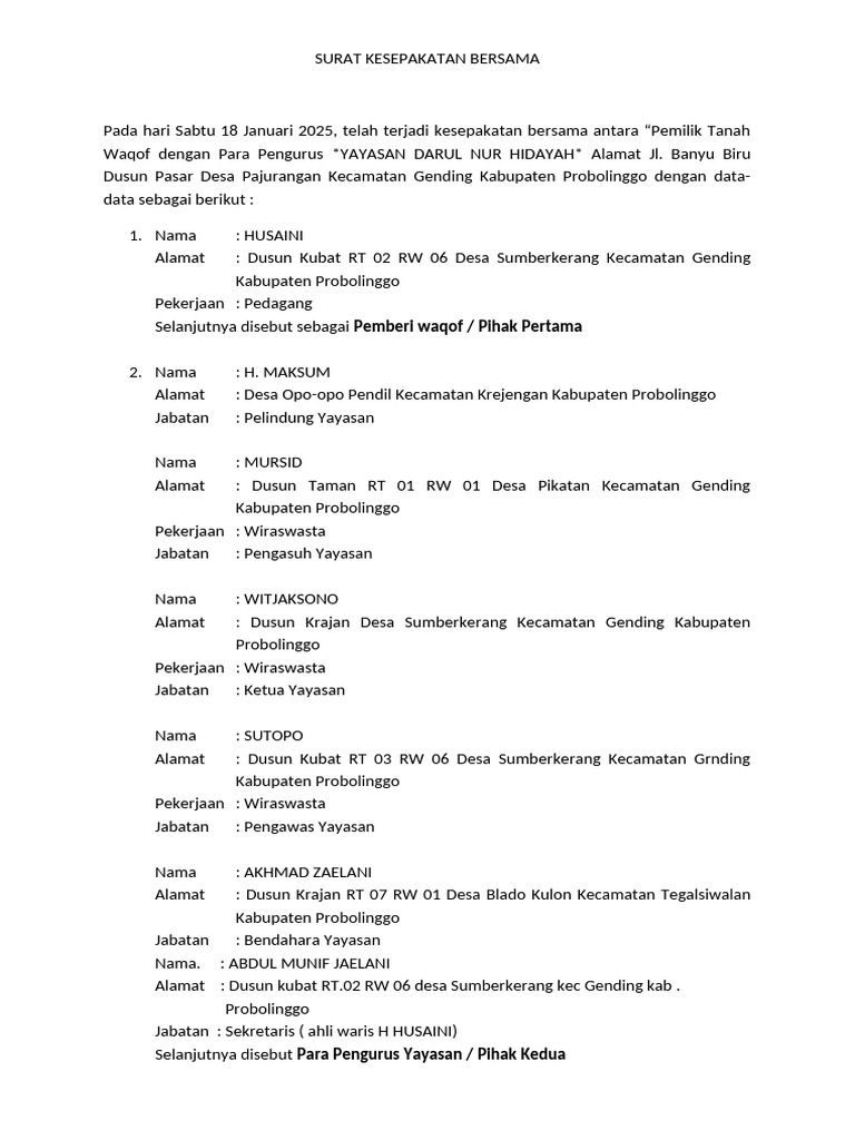 Surat Kesepakatan Bersama Yayasan Darul Nur-Hidayah | PDF