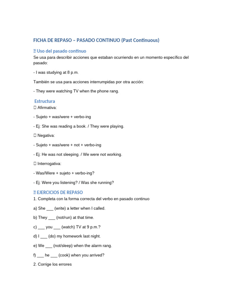 Ficha Repaso Pasado Continuo | PDF