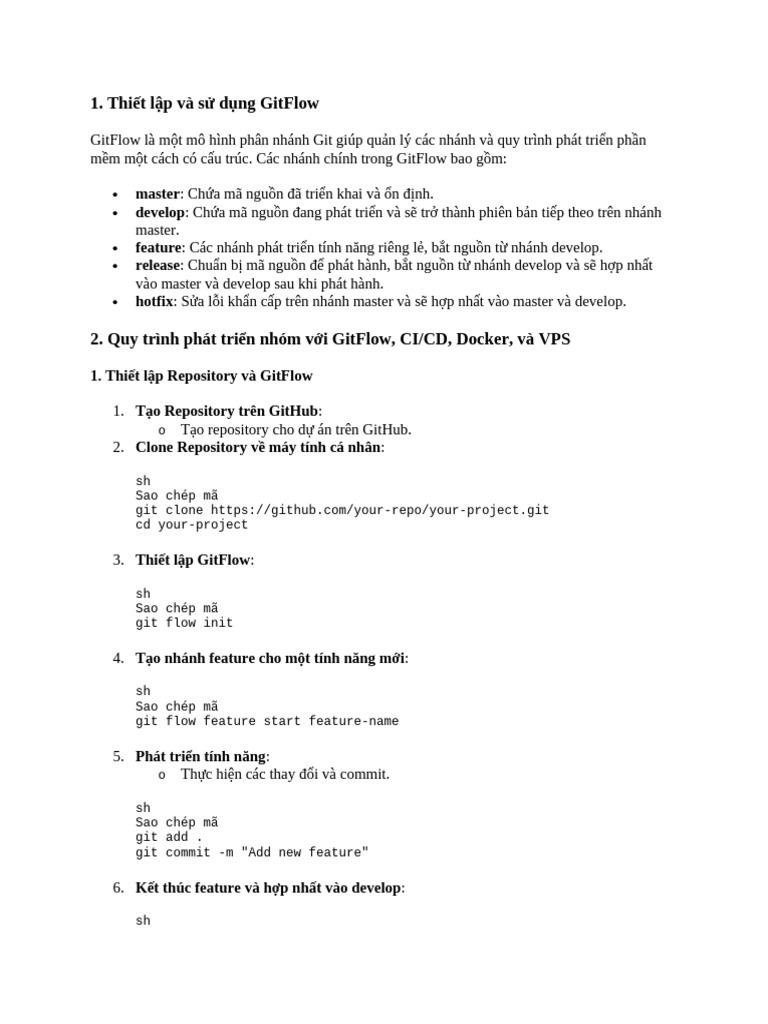 Quy Trình Làm Nhóm - GItflow, CICD, Docker, VPS | PDF