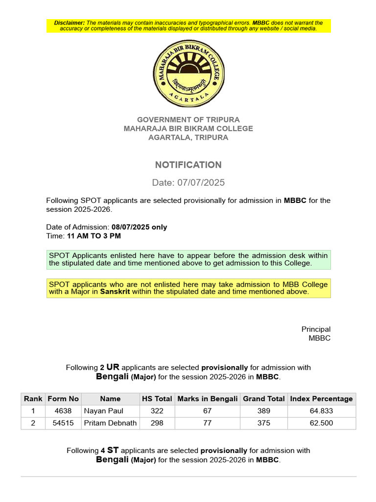 MBBC Spot Admission Merit List 2025 | PDF
