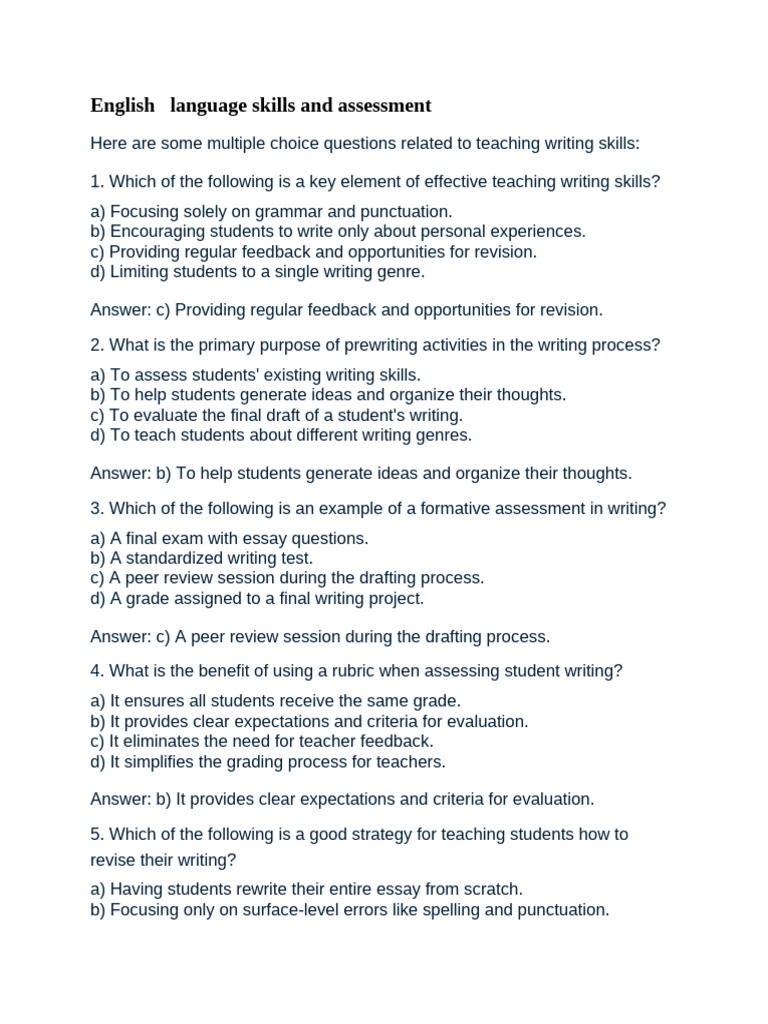 Writing Skills Assessment MCQs | PDF | Essays | Cognition