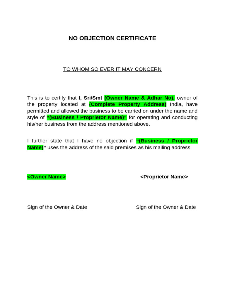 NOC Format for GST Registration | PDF