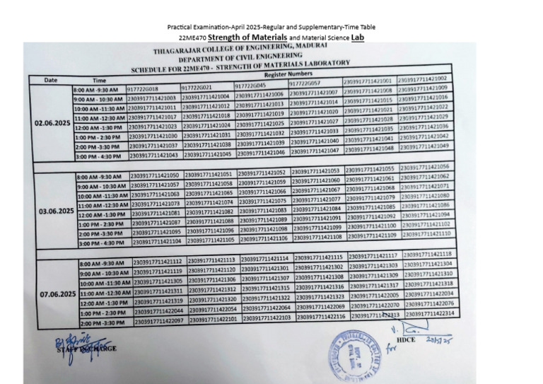 SM Lab Time Table-April 2025 Regular Practical | PDF