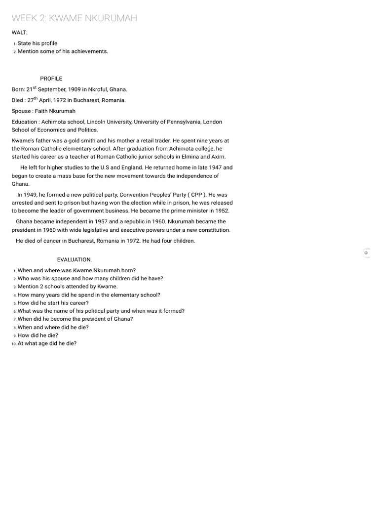 Week 2 - Kwame Nkurumah - Year 4 General Paper 2023 - 2024 | PDF