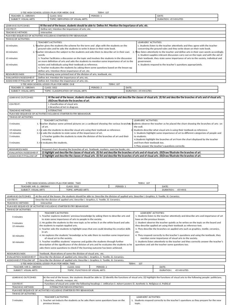 1st Term Sss2 Lesson Plan 2025 Academic Session Visual Arts. Stee ...