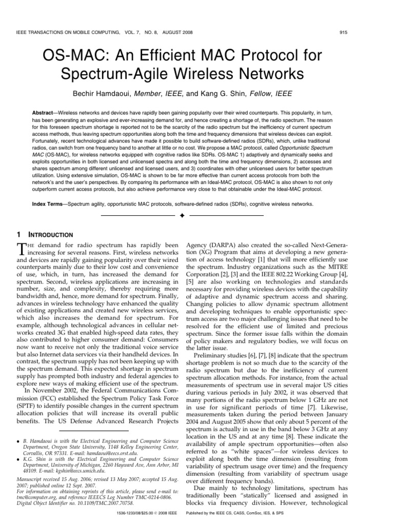 OS-MAC An Efficient MAC Protocol For Spectrum-Agile Wireless Networks | PDF | Transmission ...