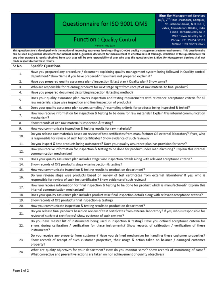 ISO 9001 QMS Questionnaire Guide | PDF | Quality Management System ...