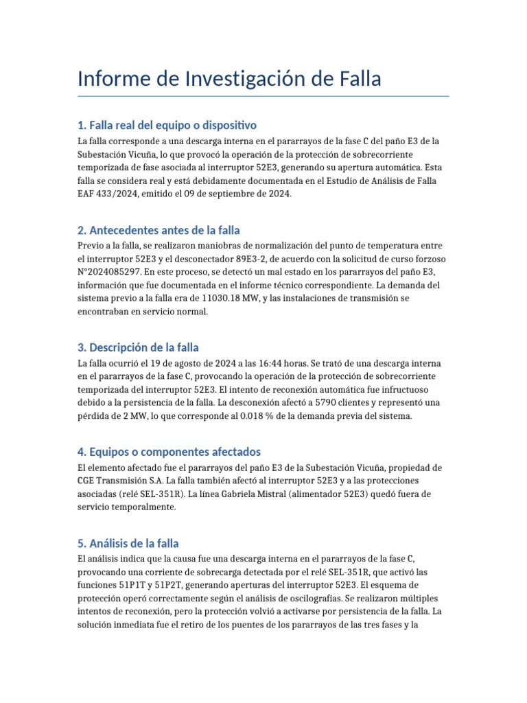 Informe Investigacion Falla E3 Vicuna | PDF | Relé | Ingenieria Eléctrica