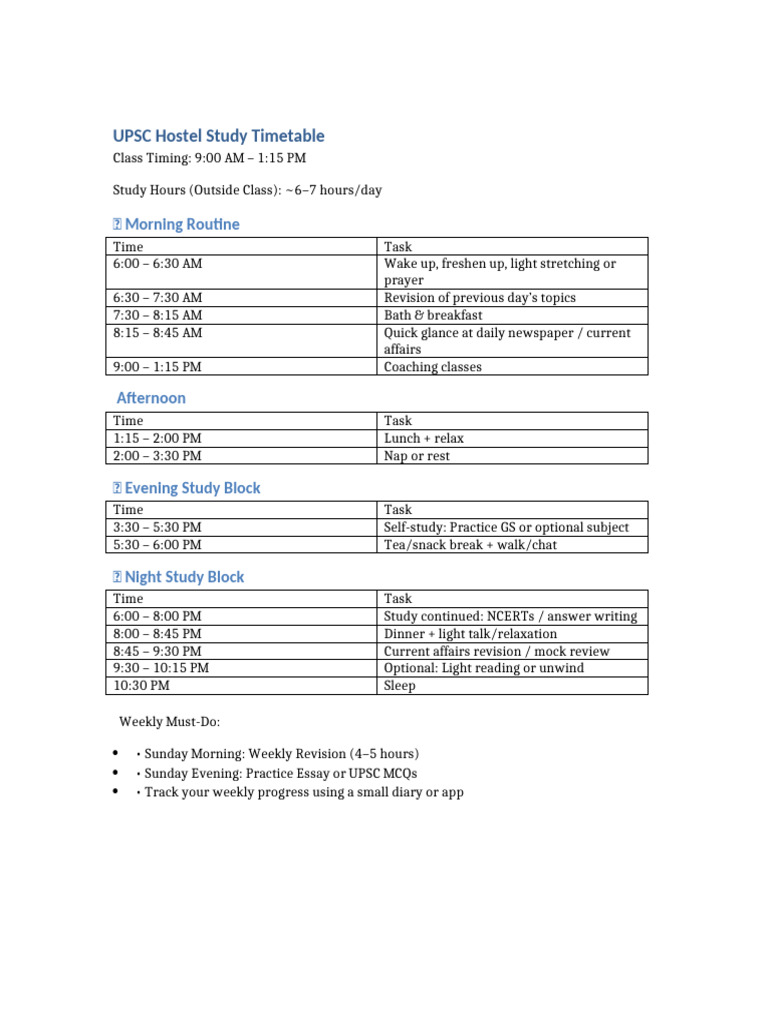 UPSC Hostel Study Timetable Guide | PDF