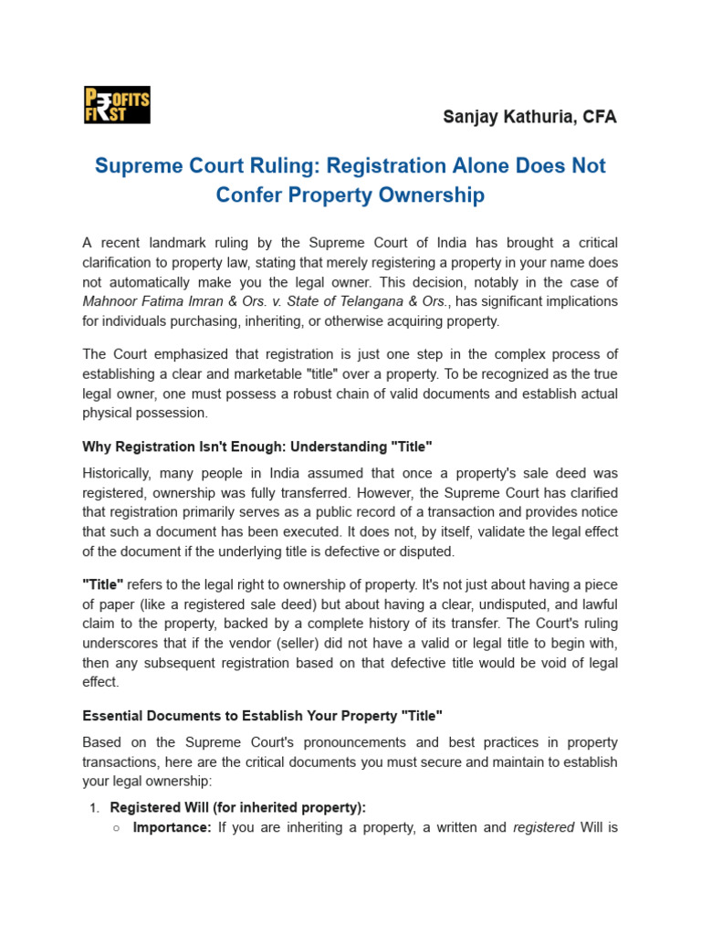 Property Registration Vs Ownership | PDF | Deed | Property