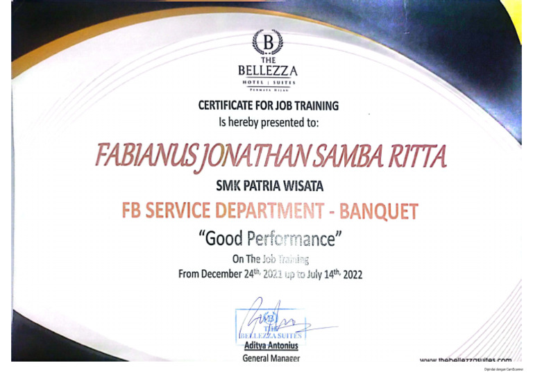 Job Training Certificate - Fabianus Jonathan S.R | PDF