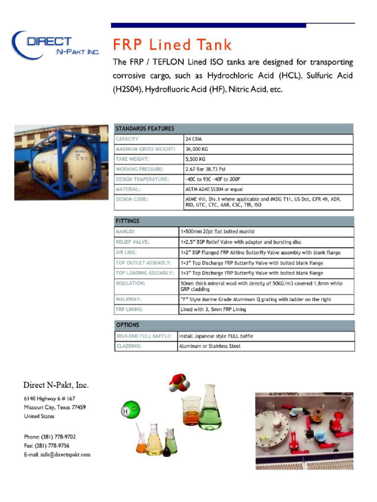 DNP ISO Container Lined With FRP or Teflon TDS (1) | PDF
