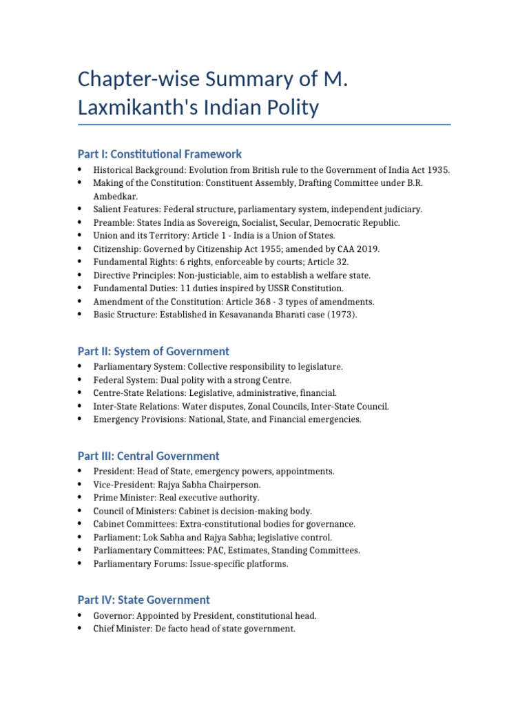Laxmikanth Indian Polity Chapterwise Summary | PDF | Government Of India | Public Law
