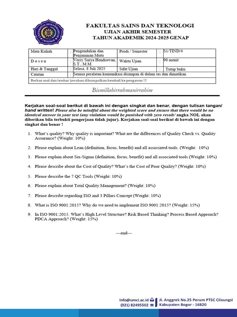 Soal Pengendalian Dan Penjaminan Mutu | PDF